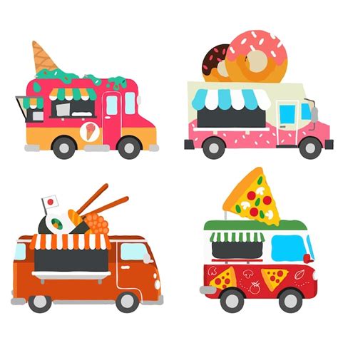 푸드 트럭 만화 세트 프리미엄 벡터