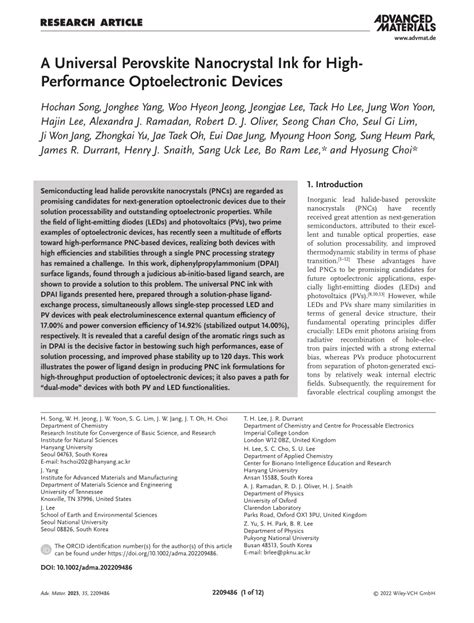 A Universal Perovskite Nanocrystal Ink For HighPerformance