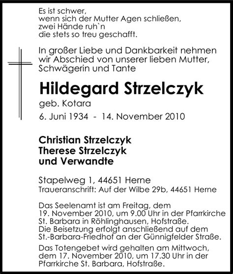 Traueranzeigen Von Hildegard Strzelczyk Trauer In Nrwde