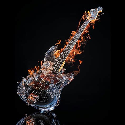 A Bass Guitar Made Of Ice Burning On Fire Floating In Midair Angle View