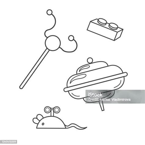 하얀 배경에 고립 된 유치 한 장난감 소용돌이 생성자 시계 장난감 콩주머니 딸랑이 색칠 공부 어린 시절 낙서 벡터 선 그림입니다 어린이 디자인 클립 아트 요소 0명에 대한