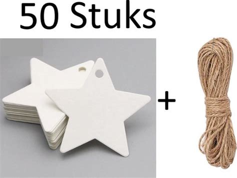 FISKA 50x Cadeaulabels Kraftpapier Karton Ster Wit 6cm X 6 Cm