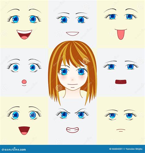 Set Twarze W Manga Stylu Śliczni Anime Oczy Usta I Różni Ludzcy Oczy I