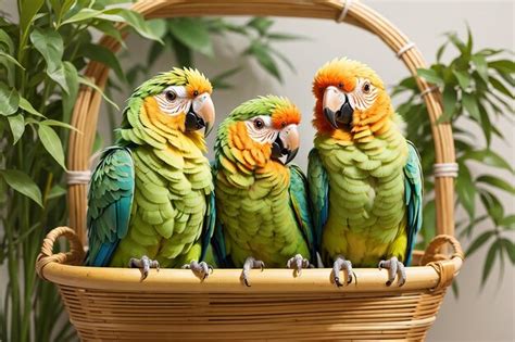Premium Photo Some Cute Parrots In A Bamboo Basket White Wall In The