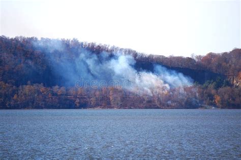 Palisades Forest Fire Seen From Ossining Across Hudson River Stock