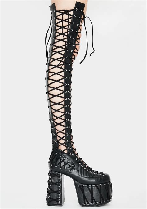 Club Exx Thigh High Lace Up Platform Boots Black Dolls Kill