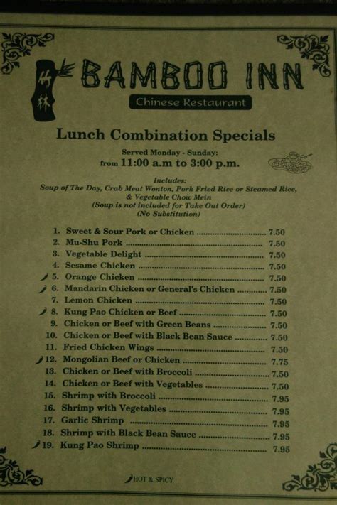 Menu At Bamboo Inn Chinese Restaurant Elk Grove