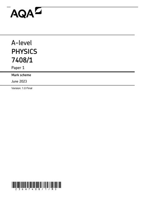 Aqa A Level Physics 7408 June 2023 Paper 1 Final Markscheme 2023 Stuvia Uk