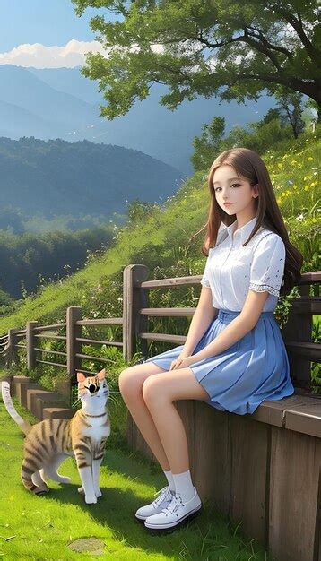 Premium Ai Image Beautiful Girls Love Cat With Beautiful Background