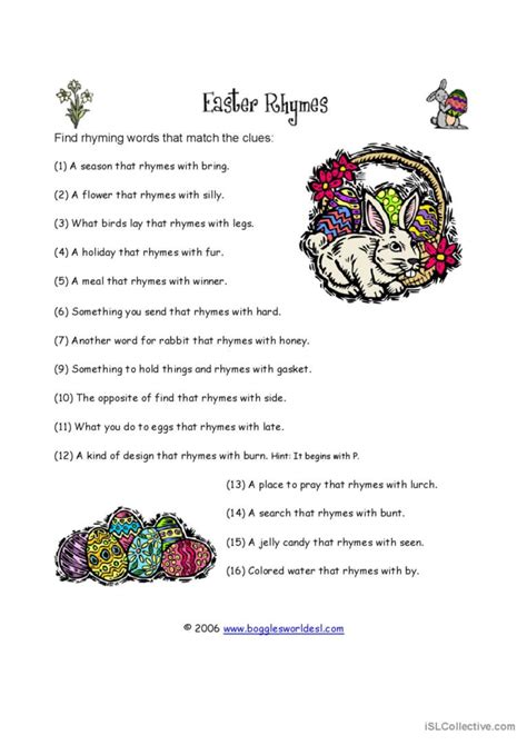 Easter Rhymes English Esl Worksheets Pdf And Doc