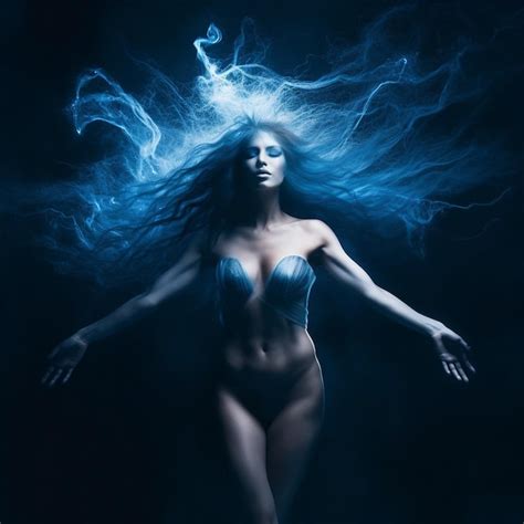 Premium Ai Image A Woman With Long Hair And A Blue Bikini On Her Back Is Shown In A Dark Photo