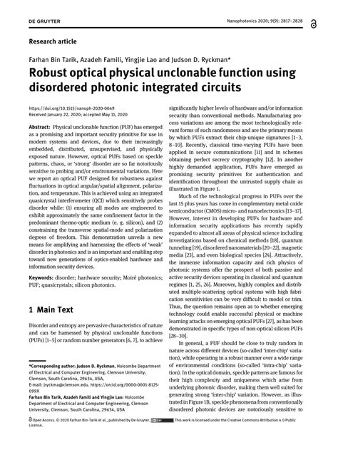 Pdf Robust Optical Physical Unclonable Function Using Disordered