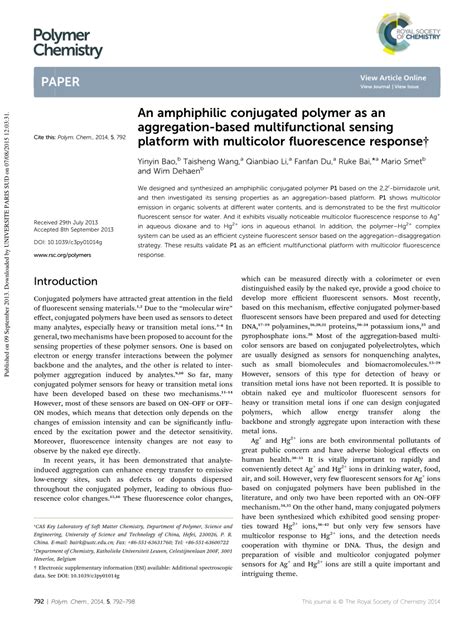 Pdf An Amphiphilic Conjugated Polymer As An Aggregation Based Multifunctional Sensing Platform