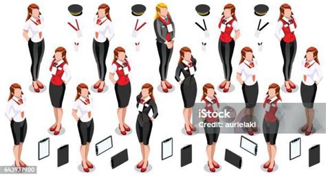 等距女人女孩圖示集的集合向量圖向量圖形及更多等軸測投影圖片 等軸測投影 旅館服務臺職員 空姐 Istock