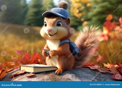 A Cute Adorable Squirrel With Book Cap And Scarf In Nature Rendered In