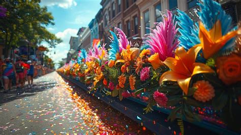 A Pride Parade Float With Vibrant Decorations Wide Shot Stock Image