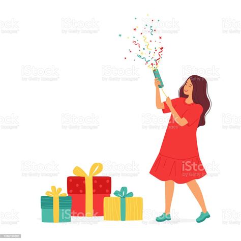젊은 행복한 여자는 포장 선물 상자 근처에 슬랩스틱을 들고 서있다 승리 새해 크리스마스 생일 인사말 카드에 축하를위한 복사 공간