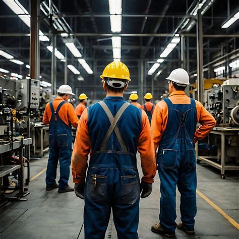 Workers In Hard Hats Standing In Industrial Factory Setting Premium Ai Generated Image