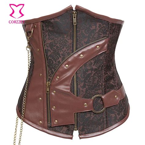 Brown Waist Trainer Corsets Steel Boned Zipper Waist Cincher Underbust