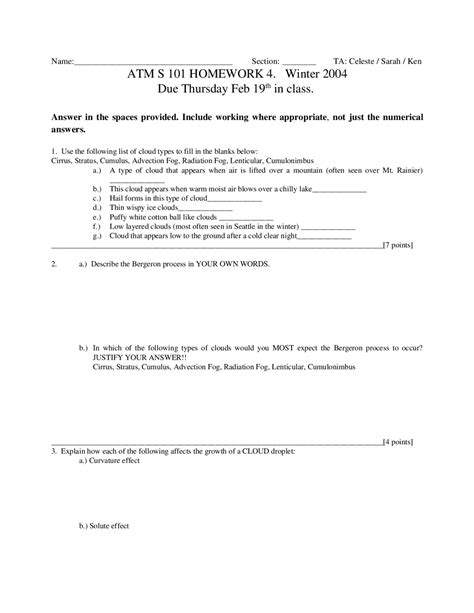 Homework 4 Practice Problems For Weather Atm S 101 Docsity
