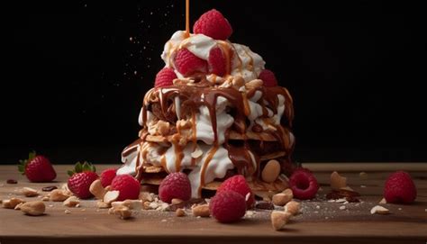 Premium AI Image A Gourmet Dessert Plate Raspberry And Chocolate Indulgence Generated By
