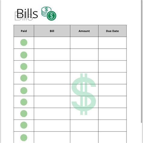 Bill Spreadsheet Template Etsy