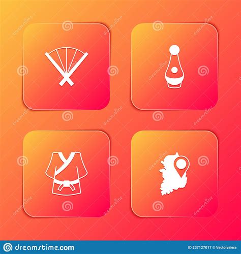 Set Traditional Fan Soju Bottle Kimono And South Korea Map Icon