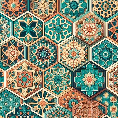 Premium Photo Geometric Islamic Tile Patterns In Traditional Teal Terracotta And Gold