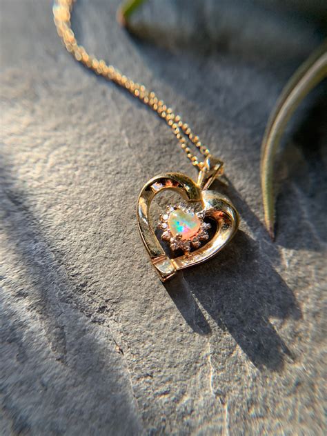 Vintage Gold Plated Heart Pendent Necklace Diamond And Opal