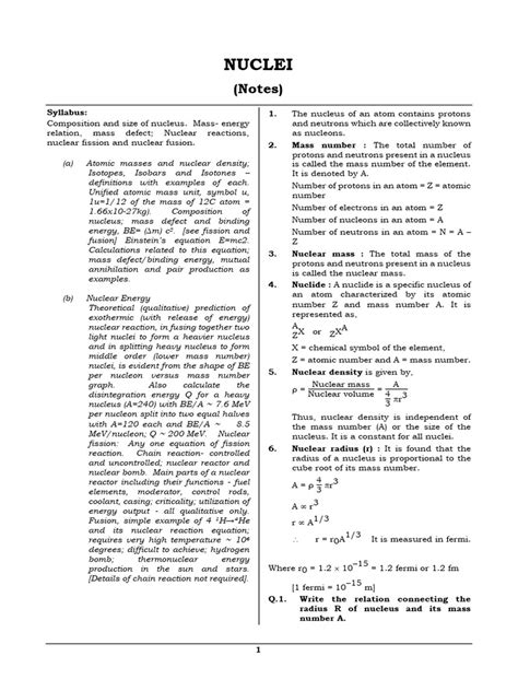 Nuclei 2023 Notes Pdf Atomic Nucleus Isotope
