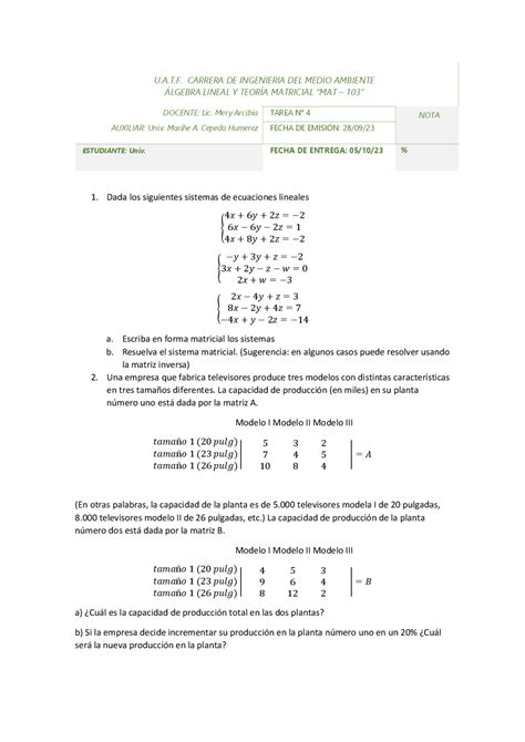 Tarea 5 De Algebra Lineal Ejercicios De Álgebra Lineal Docsity