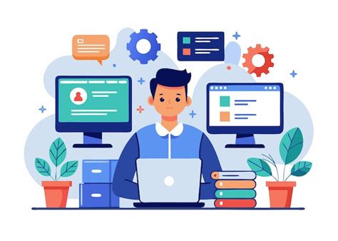 Programmer Working On Several Screens Vector Illustration Premium Ai