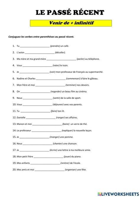 Le Passé Récent Online Worksheet French Worksheets Free French