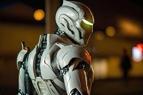 A Man In A White Suit Standing In The Street At Night Stock