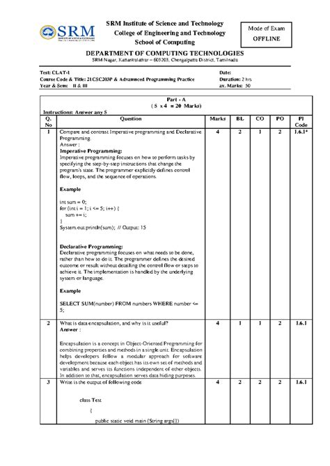 Set D Answer Key App App Ct 1 Srm Institute Of Science And Technology College Of Engineering