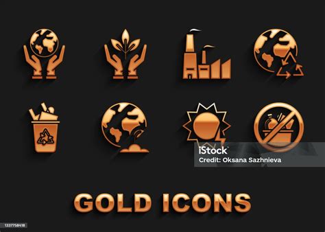 지구 지구와 식물 행성 지구 재활용 쓰레기 없음 태양 에너지 패널 재활용 기호가있는 휴지통 공장 인간의 손 잡고 환경 보호 아이콘을 설정합니다 벡터 개념에 대한 스톡 벡터