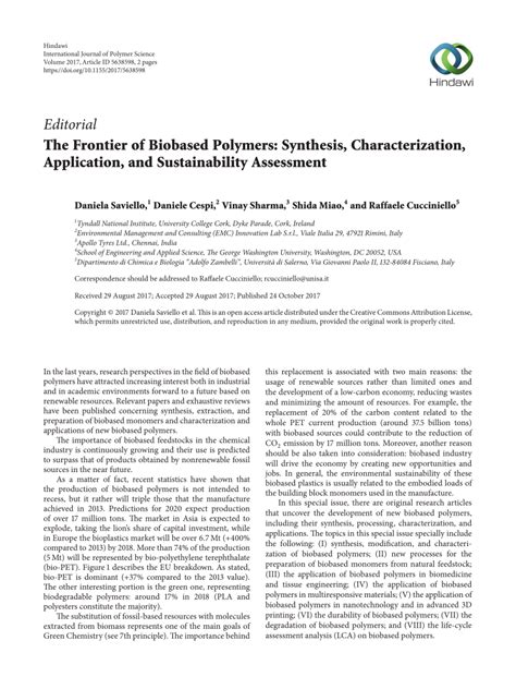 Pdf The Frontier Of Biobased Polymers Synthesis Characterization