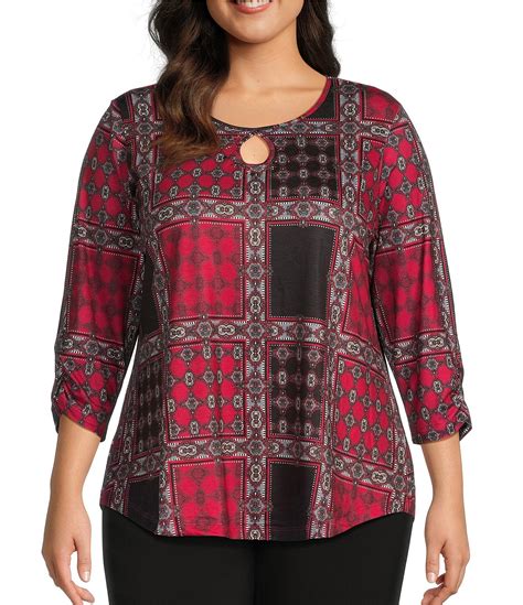 Allison Daley Plus Size Royal Medallion Patch 34 Sleeve Keyhole Neck