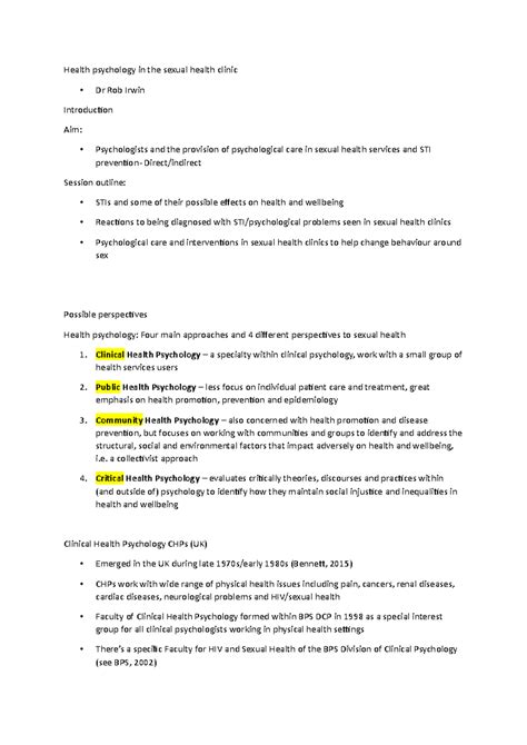 Lecture 4 The Sexual Health Clinic Health Psychology In The Sexual Health Clinic Dr Rob Irwin