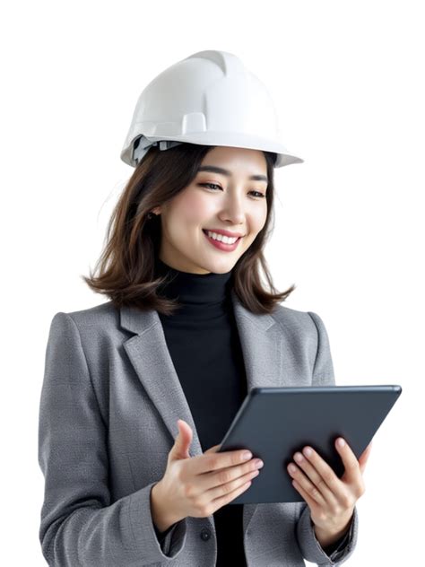 Asian Woman In Hard Hat Holding Tablet Computer 56827836 Png