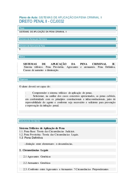 Pdf Plano De Aula Sistemas De AplicaÇÃo Da Pena Criminal Ii Direito