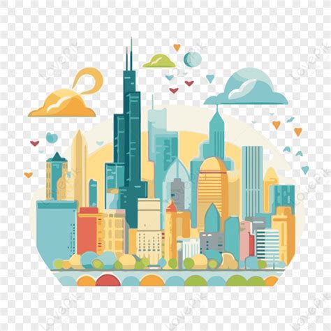 시카고 클립 아트 시카고 도시 풍경 플랫 스타일 만화 벡터 마천루 타워 블록 Png 일러스트 무료 다운로드 Lovepik