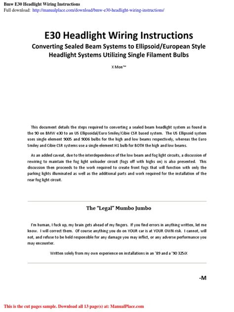 Bmw E30 Headlight Wiring Instructions Pdf Headlamp Electrical