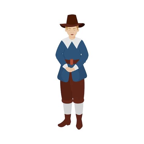 Ilustração de jovem vestido como um peregrino em pose de pé no fundo