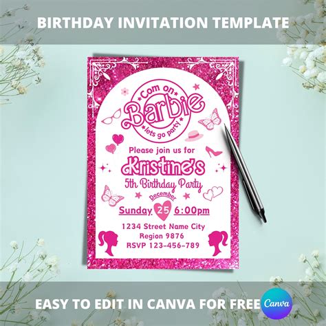 Pink Sparkle Birthday Invitation Doll Invitation Template Princess