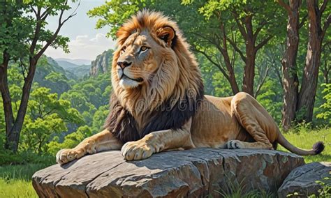 Majestic Lion Rests On Large Rock In Lush Forest Its Golden Mane And