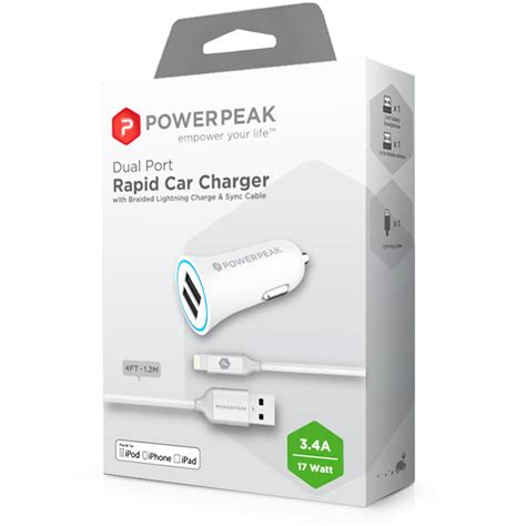 Powerpeak Dual Port Rapid Car Charger With Braided Lightning Charge Sync Cable White