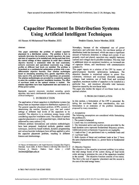 Capacitor Placement In Distribution Systems Using Artificial