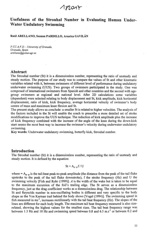 Pdf Usefulness Of Strouhal Number In Evaluating Human Under Water