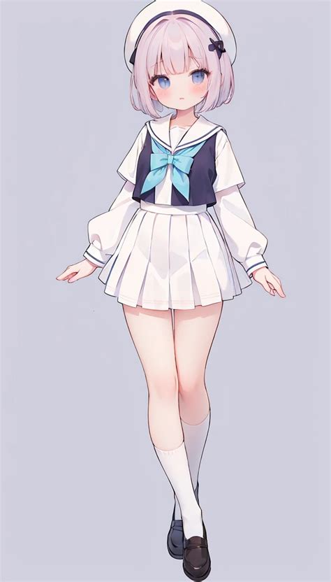 名作 最高品質 高解像度 白いシンプルな背景 立っている ポニーテール スリミウエスト かわいい セーラー服 SeaArt AI